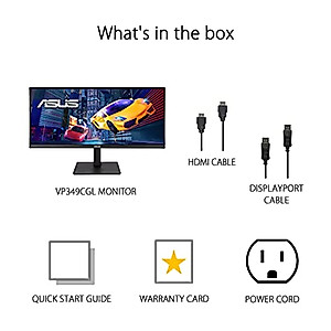 ASUS 34” Ultrawide HDR Gaming Monitor (VP349CGL) - 21:9 UWQHD (3440 x 1440), IPS, 100Hz, 1ms, USB-C w/Power Delivery, FreeSync, Eye Care Plus, VESA Mountable, HDMI, DisplayPort, Height Adjustable