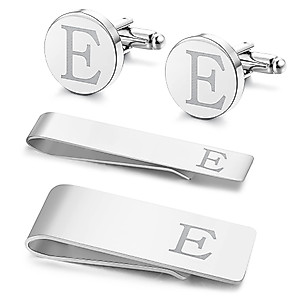 LOYALLOOK 4Pcs Stainless Steel Engraved Initial Cufflinks and Tie Bar Money Clip Set Personalized Button Shirt Initials Tie Clip Alphabet Letter A-Z for Best Man Groom Wedding Business Letter J