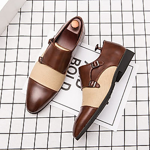 HuitJours Men Brown Double Monk Straps Slips on Dress Shoes Classic Loafers Two Tone Colors Buckle Shoes Zapatos de Vestir para Hombre