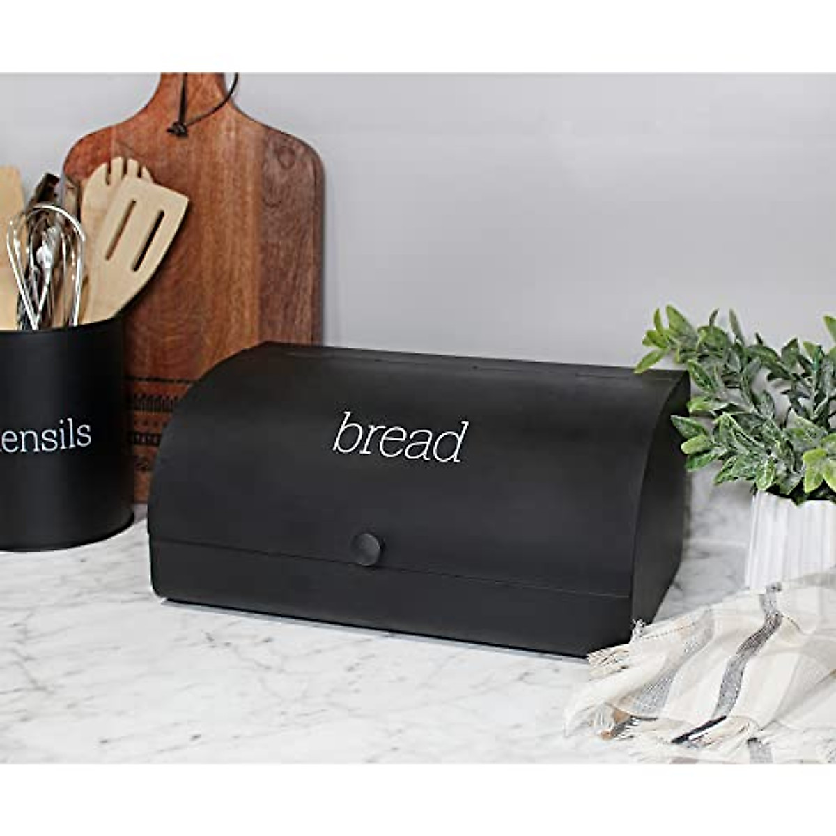 AuldHome Farmhouse Black Bread Box; Retro Vintage Style Enamel Countertop Bread Bin
