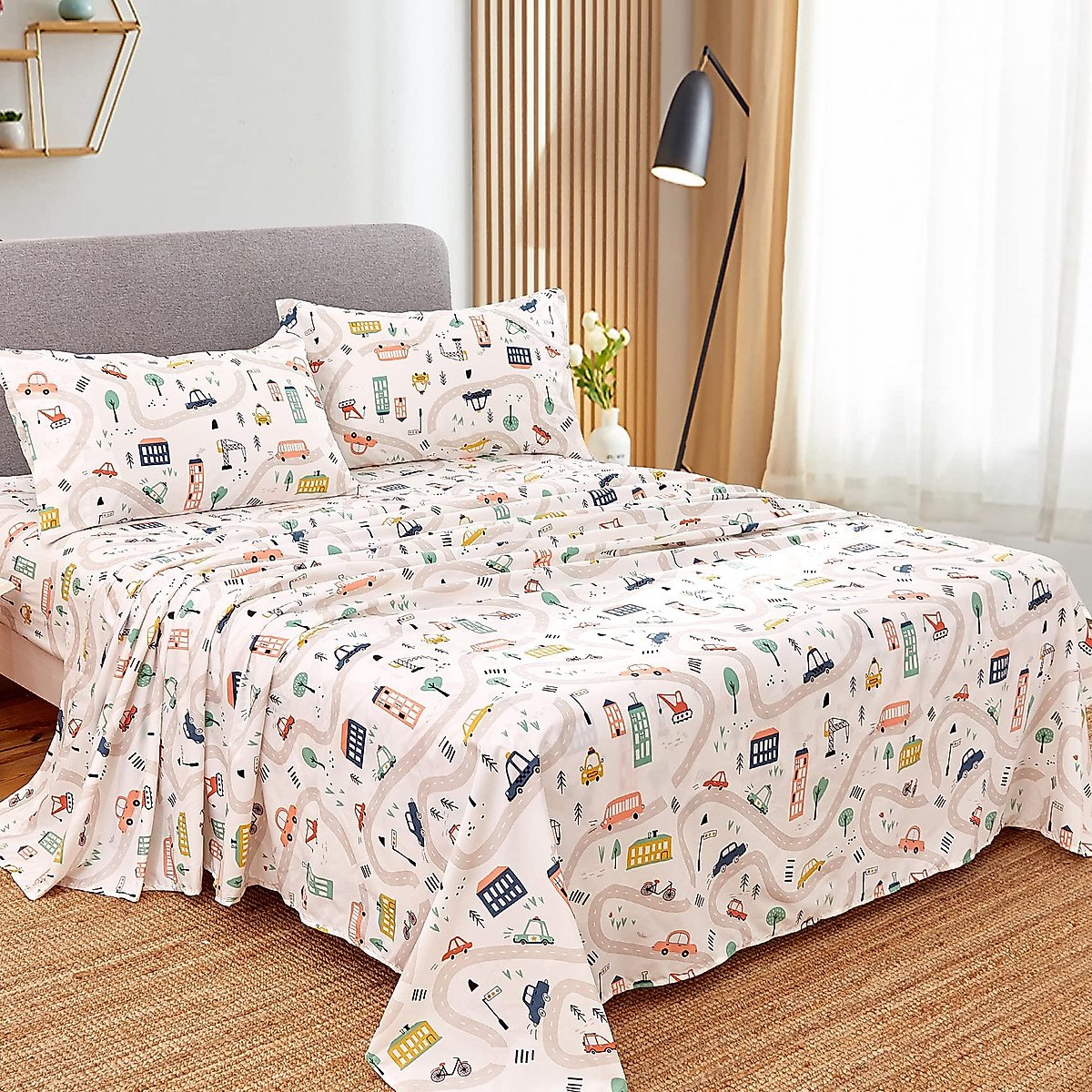 JSD Car Kids Printed Sheet Set Twin Size, 3 Piece Vehicles Microfiber Bed Sheets Deep Pocket