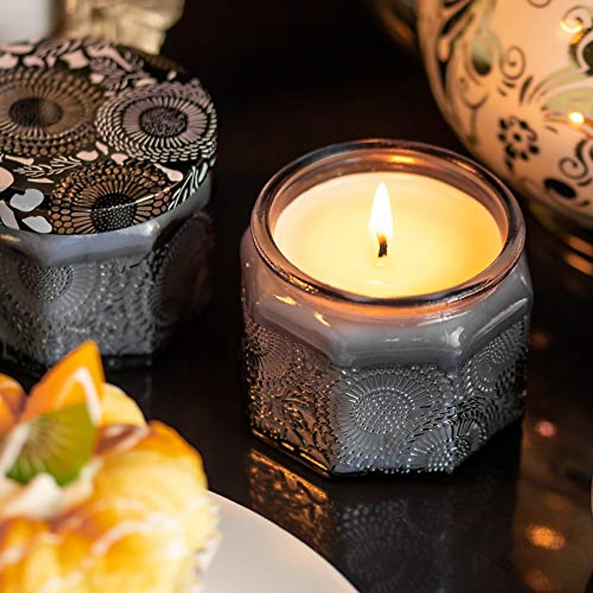 Art Secret 4oz Embossed Glass Candle Container with Tin Lid and Labels (Gray, Octagon)