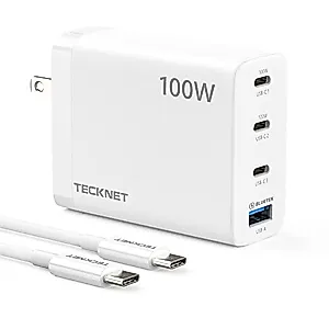 100W USB C Wall Charger, TECKNET GaN Ⅲ Portable USB-C Fast Charger Block with Type C Cable, PD Power Adapter for iPhone 14/14 Pro, MacBook Pro, iPad, AirPods, Dell XPS, Pixel, Samsung, PS5, Switch