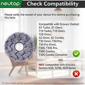 neutop Replacement Mopping Pads Microfiber Mop Cloths Compatible with Ecovacs Deebot X1 Turbo/Omni, T10 Turbo/Omni, T20, X2, Robot Vacuums Parts Accessories, 4-Pack.
