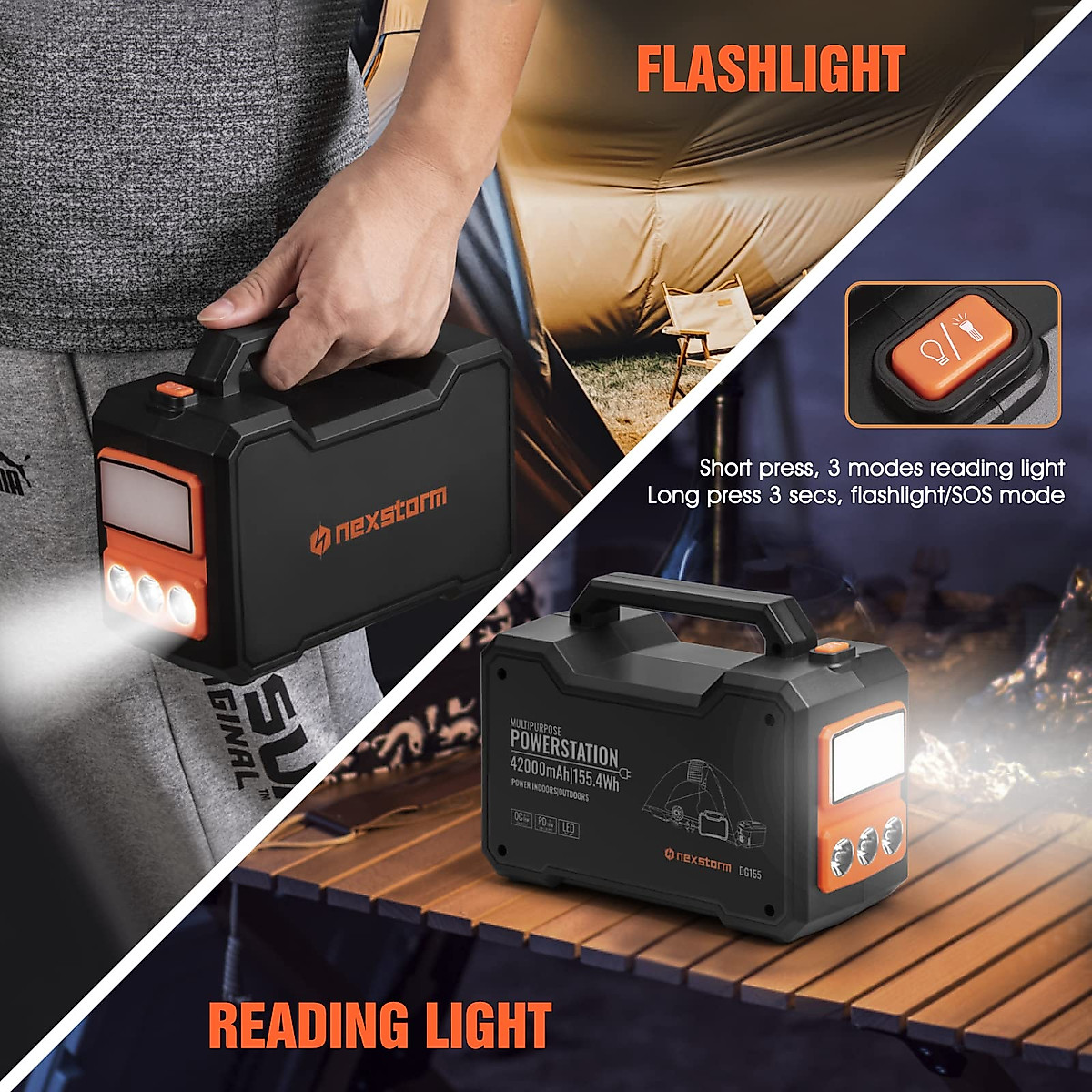 Nexstorm 155Wh Portable Power Station, 42000mAh Camping Generator Power Station with Flashlight Bulbs DC USB Type C Ports, Solar Charger Battery Pack for Home Emergency Gift