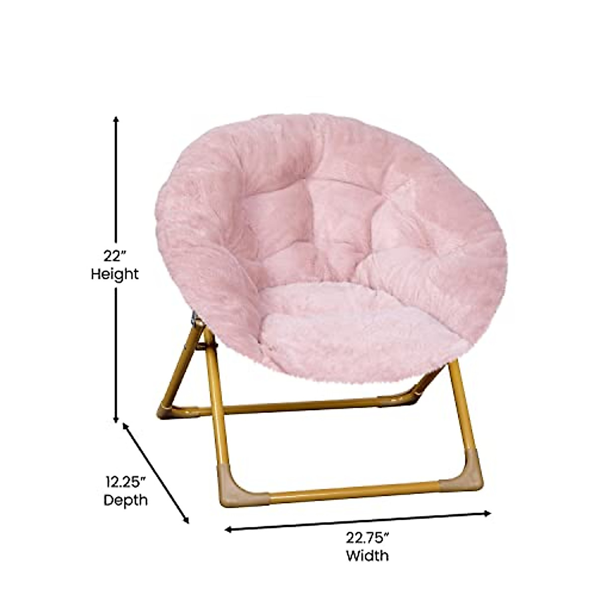 Flash Furniture Gwen Oversize Folding Saucer Chair - Blush Faux Fur Moon Chair - Soft Gold Metal Frame - 23" Portable Folding Chair - For Dorm and Bedroom