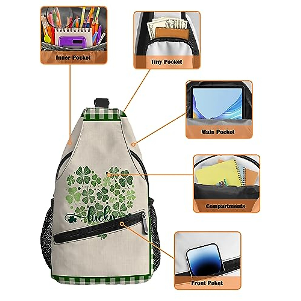 Sling Backpack, St. Patrick's Day Lucky Shamrocks Clover Love Heart Green Buffalo Plaid Waterproof Lightweight Small Sling Bag, Travel Chest Bag Crossbody Shoulder Bag Hiking Daypack for Women Men