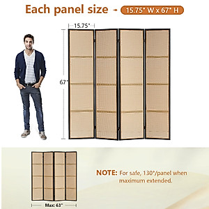 Leesinwing Wood Room Divider, 4 Panels Room Dividers and Folding Privacy Screens, Hand-Woven Rattan Room Divider Wall Freestanding Room Partitions Screen for Home Office Bedroom, Black