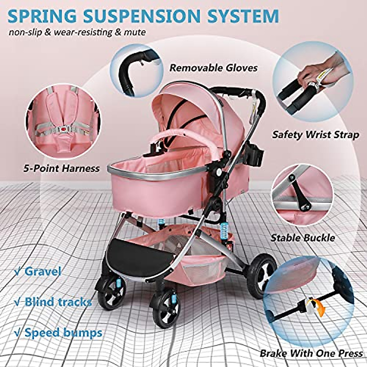 Kinder King 2 in 1 Convertible Baby Stroller, Folding High Landscape Infant Carriage, Newborn Reversible Bassinet Pram, Adjustable Canopy, Diaper Bag, Anti-Shock Toddler Pushchair Stroller, Pink