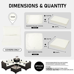 ClawsCover 8Pack Outdoor Seat and Back Cushions Replacement Covers Fit for 4 Pieces 4-Seater Wicker Rattan Patio Furniture Set Loveseat Sectional Couch with Storage Box,Cream-Include Cover Only