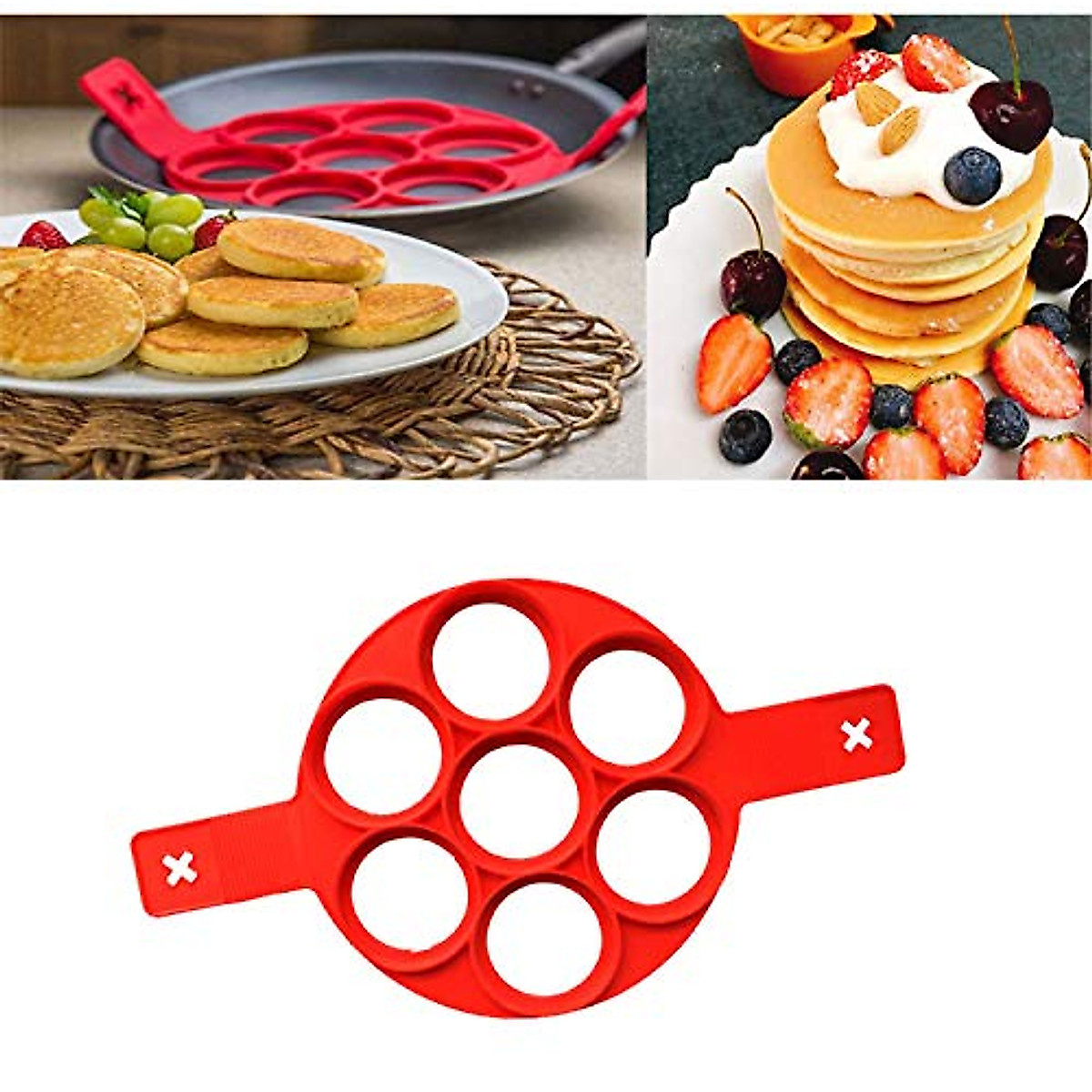 3 PCS Pancake Mould Ring Fried Egg Mould Reusable Silicone Nonstick Pancakes Muffin Mold,Heart/Star/Round Shape,Silicone Brush,Measuring Spoons,Saving Time