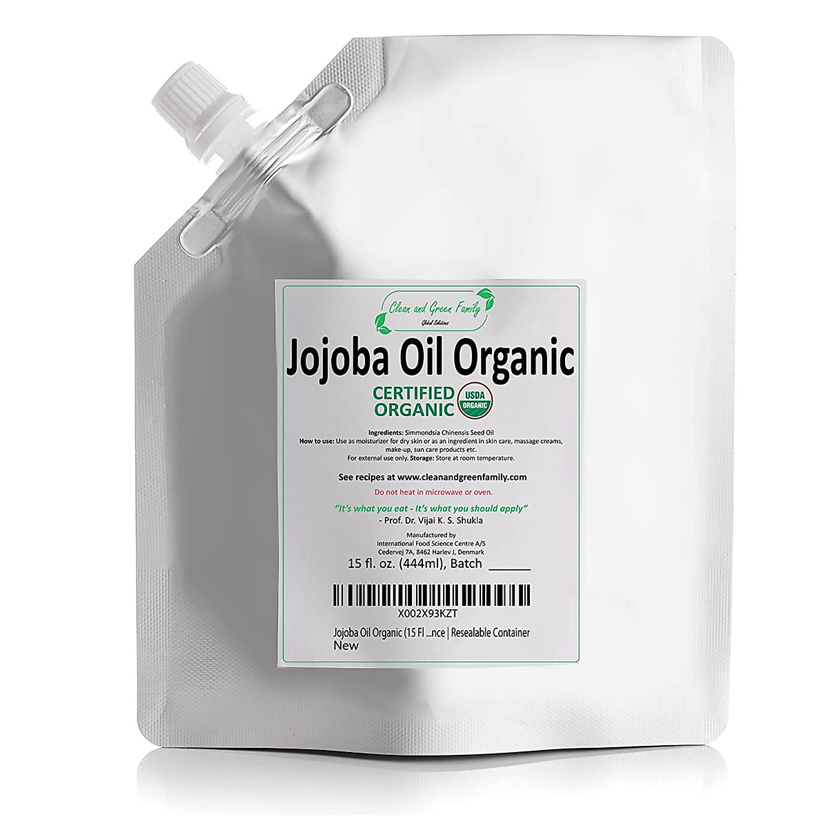 Clean and Green Pure Raw Organic Jojoba Oil -100% Natural Unscented Base Ingredient for DIY Skin Care Products, Face Oil, Carrier Oil, Organic Massage Oil, in Resealable Pouch, 15 oz