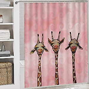 SWEET TANG 4 Pc Cute Giraffe Three Cartoon Pattern Bath Room Carpet + Contour Mat & Lid Cover Rubber Backing + Anti-Fade Spa Curtain for Hotel, Tub and Shower