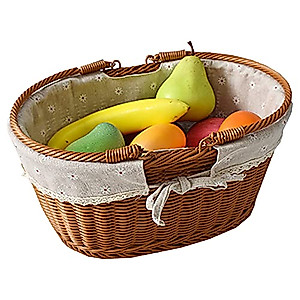 Imitation Rattan Picnic Basket, Storage Basket, Shopping Basket, Rattan Fruit Basket, Carrying Basket, Artificial Woven, Floral Lined Lace Trim (12, Oval, 1, pb2-1)