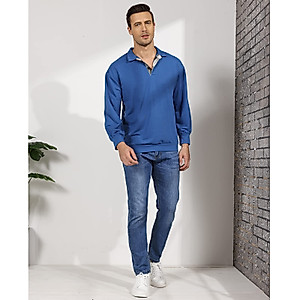 Men's Long Sleeve Pullover Polo Shirts-Casual Loose Fit V Neck Sweatshirts Plaid Tops Blue XL