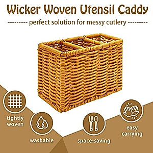 Utensil Caddy Silverware Flatware Holder - 3 Compartment Fork Knife Cutlery Organizer, Woven Wicker Basket, Party Countertop Buffet Picnic Camping Table Outdoor Farmhouse Utensil Holder for Parties (Brown)