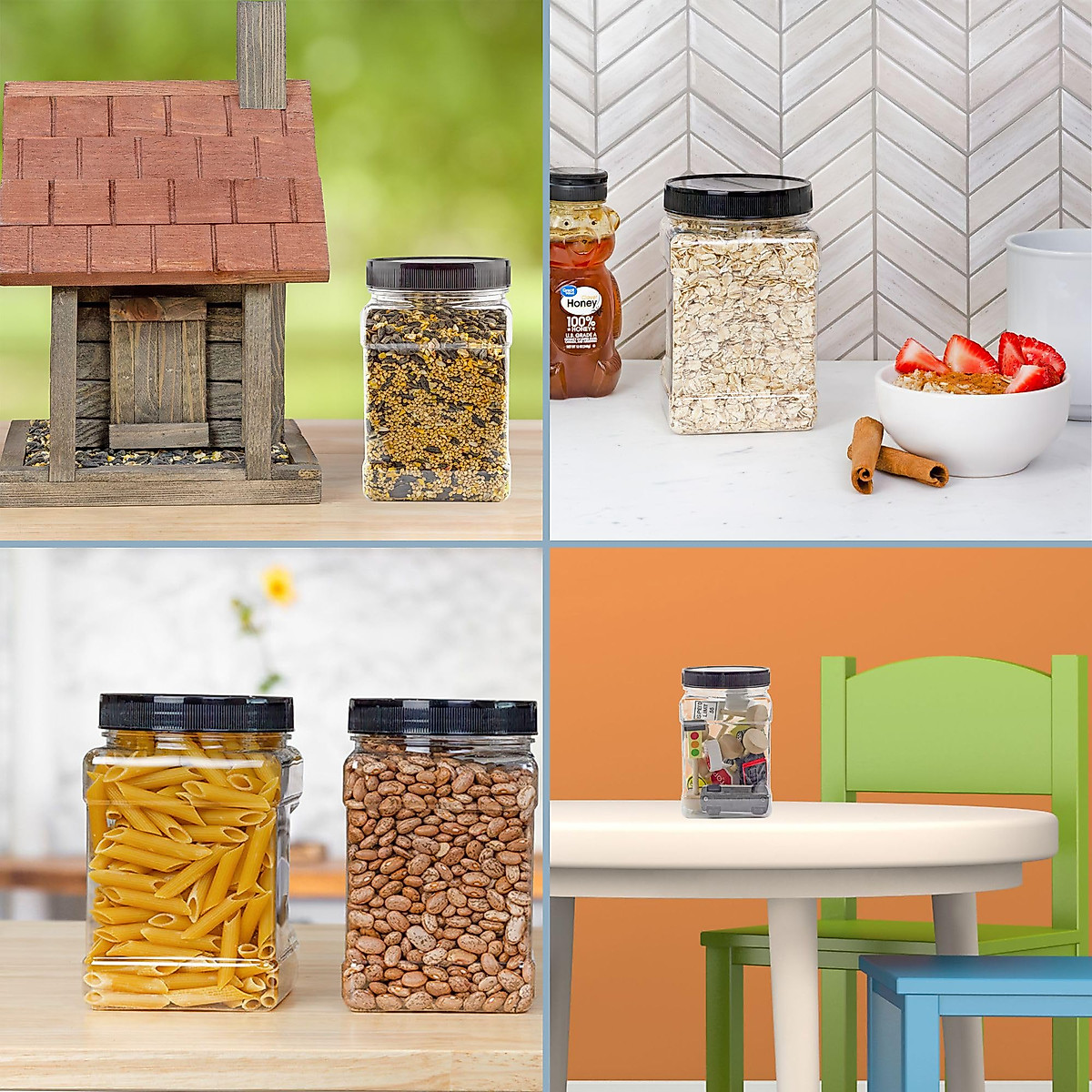 32oz Square Plastic Jars (4-Pack, Quart); Clear Rectangular 4-Cup Canisters w/Black Lids, Easy-Grip Side