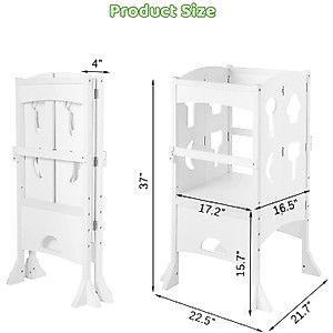 Kitchen Step Stool for Kids, Toddler Wooden Standing Tower, Folding Child Step Stool, Safety Cooking Standing Stool for Children with Lockable Handrail, White