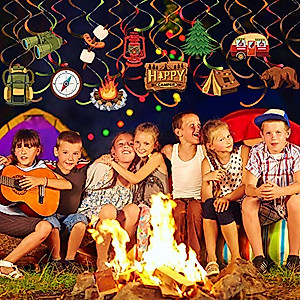 30 Pieces Happy Camper Party Hanging Swirls, Camping Adventure Bears Sign Foil Swirls Ceiling Decorations for Boy Girl Camping Theme Birthday Party Baby Shower Indoor Outdoor Decoration Supplies