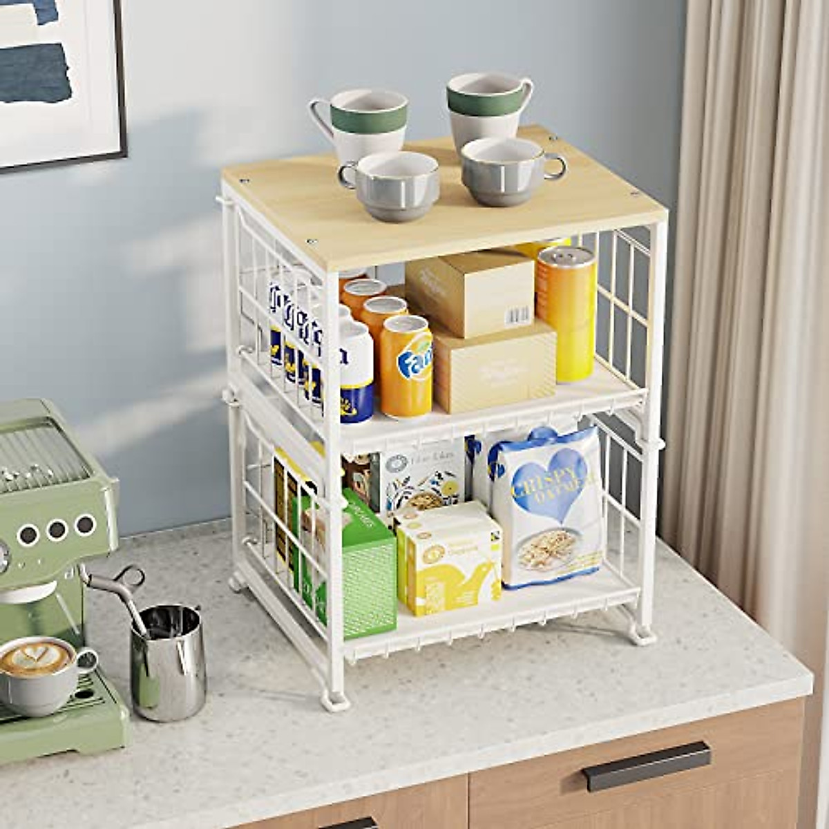 1Easylife Kitchen Counter Basket Wire Basket with Bamboo Top, 2 Tier Detachable Fruit Basket Metal Mesh Bin for Kitchen Organization and Storage, Spice Rack Organizer (White)