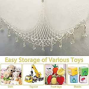 Stuffed Animal Net Or Hammock to Store Plush Pet Toys,Large Stuffed Animal Hammock with Tassels,Toy Hammock with Boho Style,Toy Net Hammock with Star String Lights (Big)