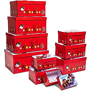Bright Creations 10 Pack Christmas Nesting Gift Boxes with Lids for Presents, Decorative Nested Holiday Gift Wrap, Share the Holiday Joy with Festive Stackable Christmas Gift Boxes (10 Sizes), Red