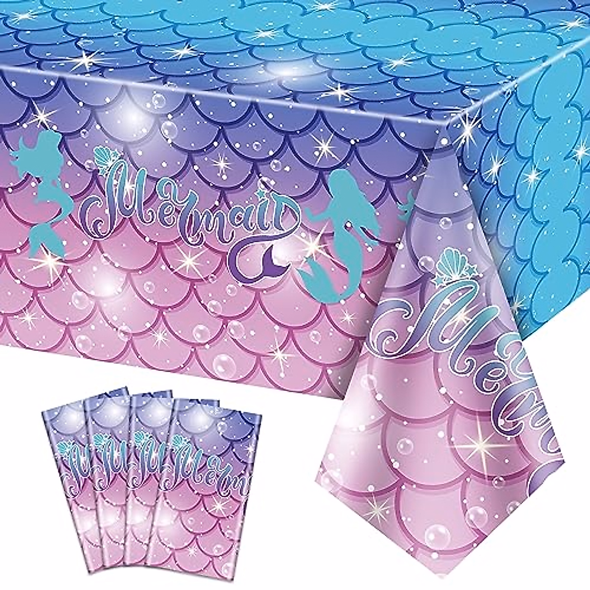 4 Pcs Mermaid Tablecloths, Rectangular Mermaid Table Covers, Disposable Mermaid Table Cloths for Parties Under the Sea Baby Shower Mermaid Birthday Decorations Mermaid Party Supplies, 51x86 Inch