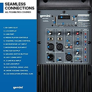 Gemini Sound GSP-2200: Elite 2200W 15" Active DJ PA Speaker with Bluetooth Stereo, Integrated 3-Channel Mixer, and Durable Design – Ideal for Music Hobbyists and Part-Time DJs