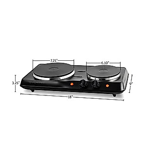 Ovente Electric Countertop Double Burner, 1700W Cooktop with 7.25 and 6.10 Inch Cast Iron Hot Plates and Temperature Control, Portable Cooking Stove, Easy to Clean Stainless Steel Base, Black BGS102B