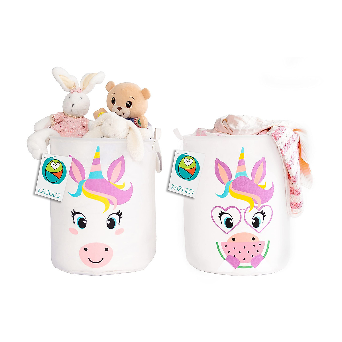 KAZULO Unicorn Hamper Set, Large Round Unicorn Laundry Baskets, kids Hampers laundry Girls, Girls Storage Box Unicorn, Child Laundry Set, Kids Basket (Watermelon Unicorn Bundle)