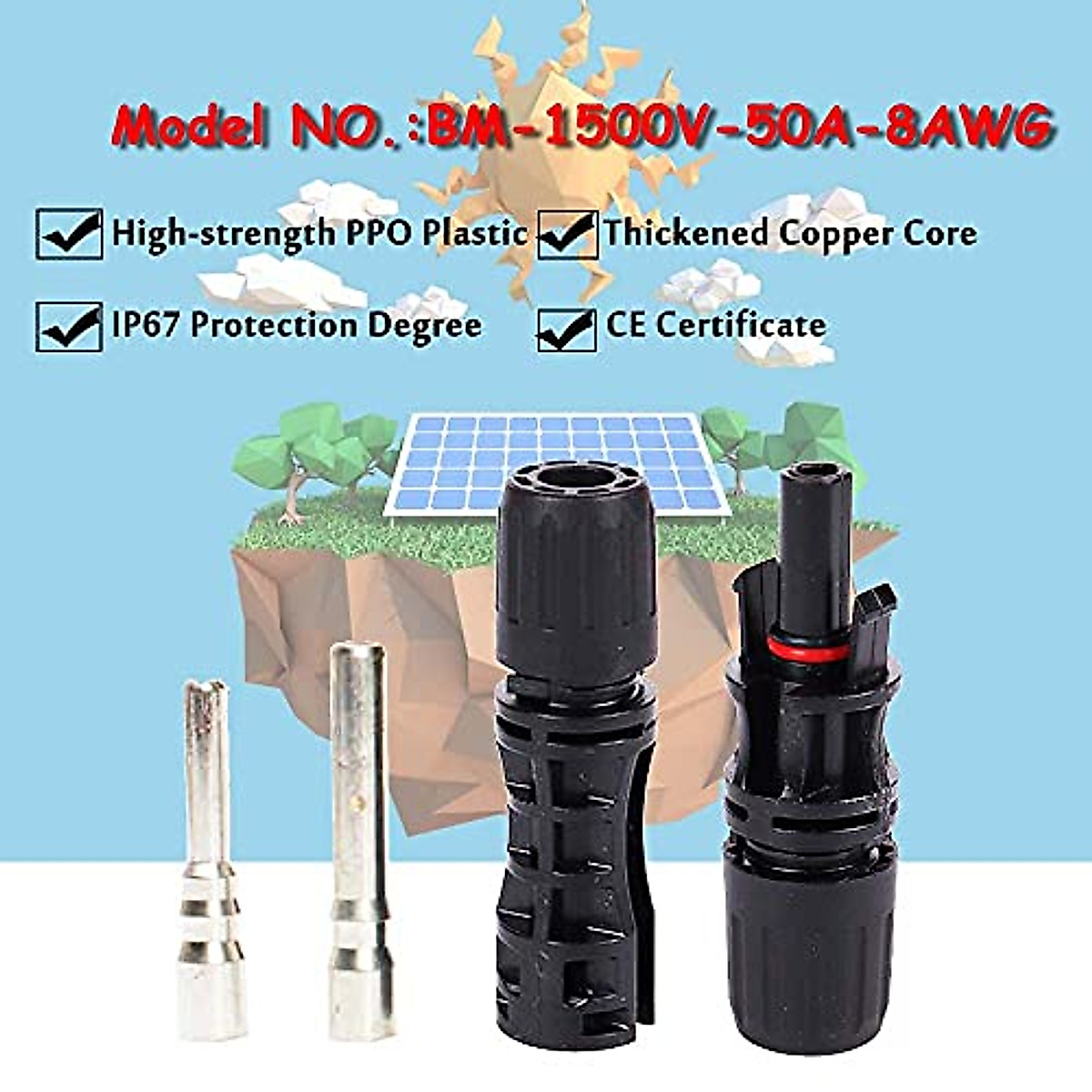 BAYM Connector Male Female Solar Panel Connector 50A 1500V for PV Cable 10mm 8AWG Connect UV Resistant(10Pairs)