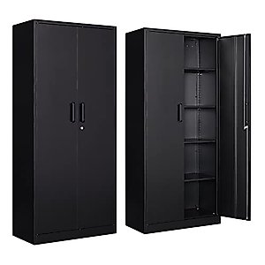 Yizosh Metal Garage Storage Cabinet with 2 Doors and 4 Adjustable Shelves - 71" Steel Lockable File Cabinet,Locking Tool Cabinets for Office,Home,Garage,Gym,School (Black)