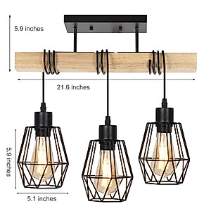 3-Light Semi Flush Mount Ceiling Light Fixture, Rustic Farmhouse Lighting with Black Metal Lampshade and Solid Wood, Chandelier Ceiling Lamp for Kitchen Bedroom Living Room Bathroom Hallway Entryway
