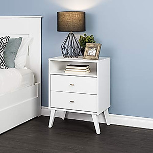 Prepac Milo Mid-Century Modern 2 Drawer Nightstand With Open Shelf, 16"D x 22.5"W x 29.5"H, White