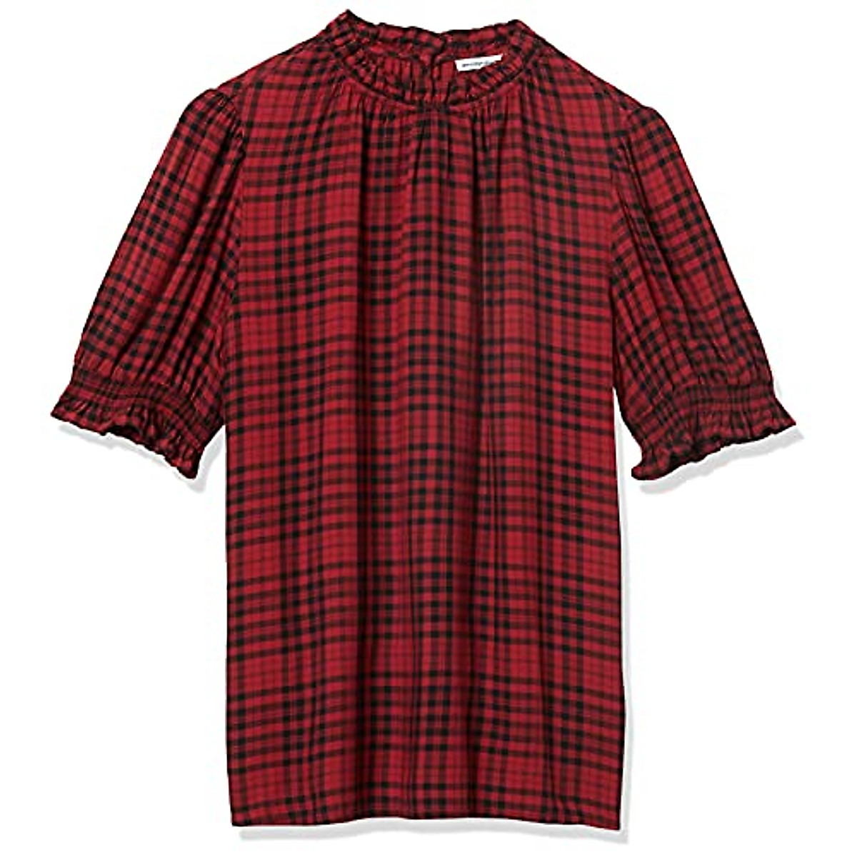 Amazon Essentials Women's Fluid Twill Short Puff Sleeve Smock Detail Shirt, Red/Black, Medium Plaid, XX-Large