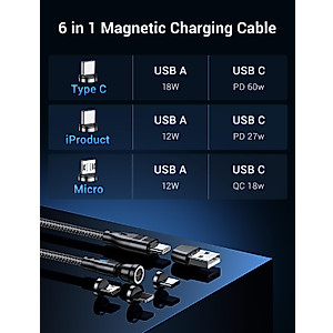 Magnetic USB C to USB C Cable 60W(3A) (2Pack, 3.3/6.6ft), 360°&180° Rotating Magnetic Charging Cable/Magnetic Phone Charger Cable/USB C Charging Cable-Data Transfer for Type C/Micro USB/i-Product