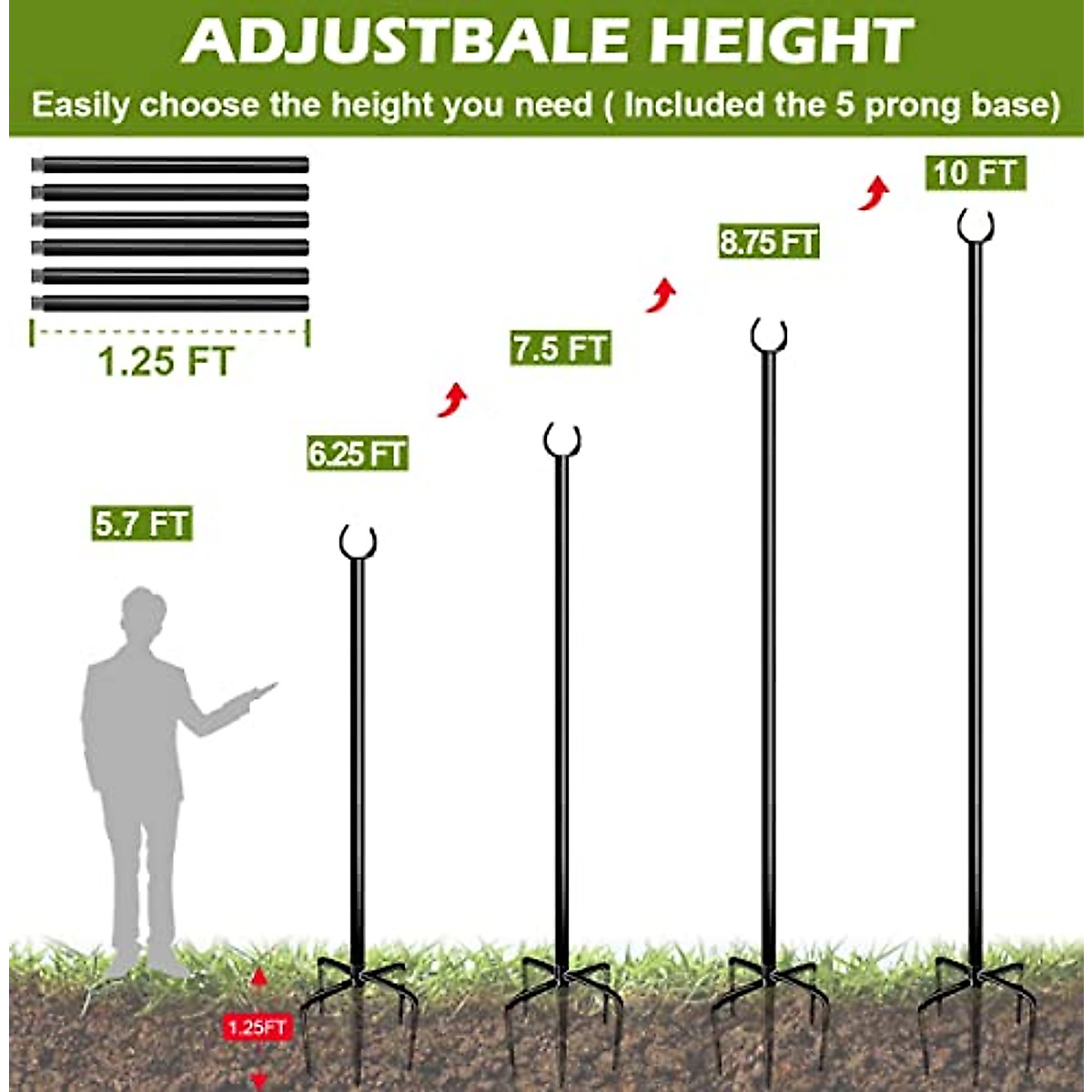 Eazielife Sprimden Outdoor String Light Pole, 10 FT Heavy Duty Hanging Light Stand Pole for Outside Garden Lawn, Patio, Christmas, Wedding, Party (2 Packs)