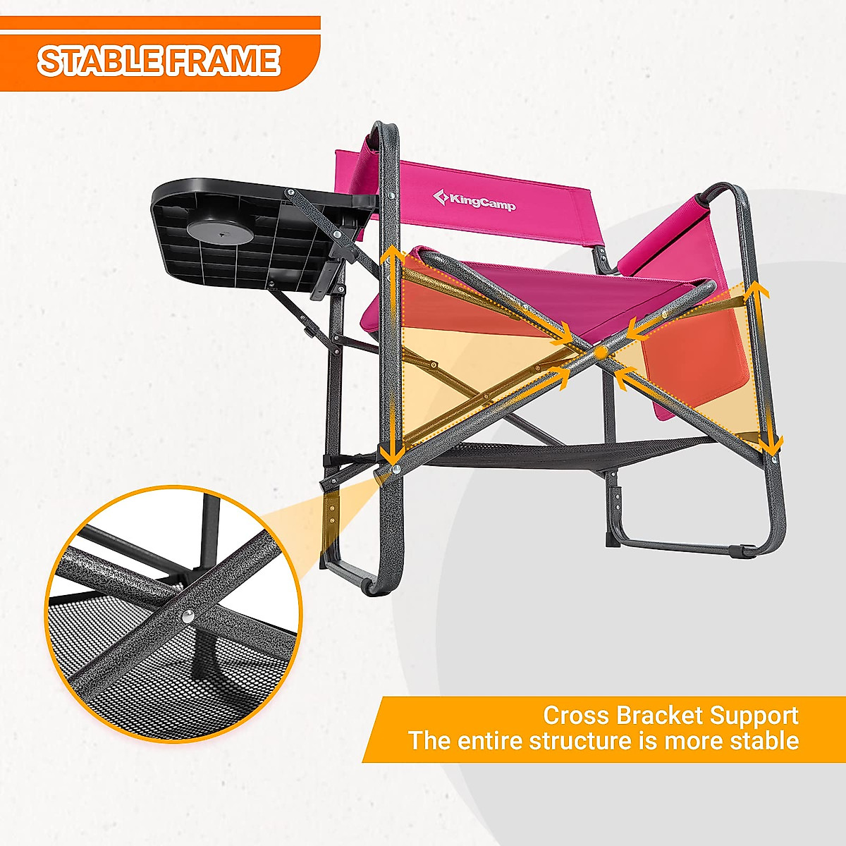 KingCamp Directors Side Table Heavy Duty Support 300LBS Adults with Pockets Outdoor Portable Folding Camp Chair for Beach, Fishing,Trip,Picnic,Lawn,Concert, Oversized, 1-Pink