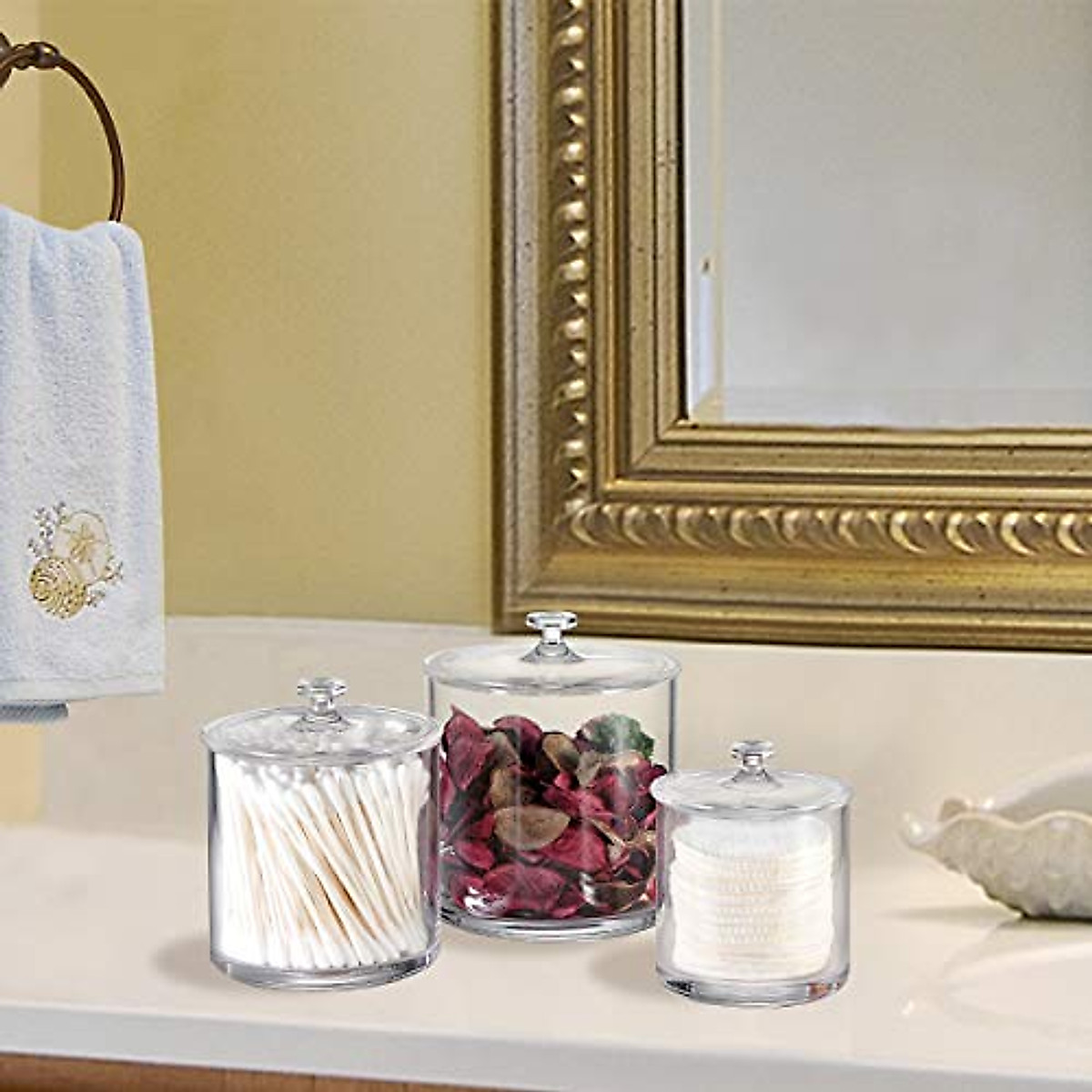 Premium Quality Acrylic Qtip Holder Apothecary Jars Bathroom Vanity Organizer Canister for Qtips,Cotton Swabs,Cotton Balls,Cosmetic Pads,Flossers,Nail Polish,Bath Salts,Clear,Plastic | 3-Pack