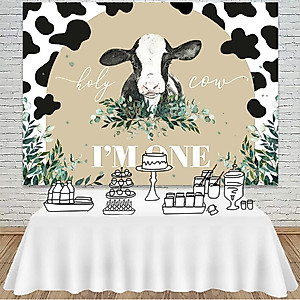 Mocsicka Holy Cow I'm One Backdrop Green Leaves Cow 1st Birthday Party Background Farm Boy Cow First Birthday Party Decorations Banner Photo Studio Props (7x5ft)