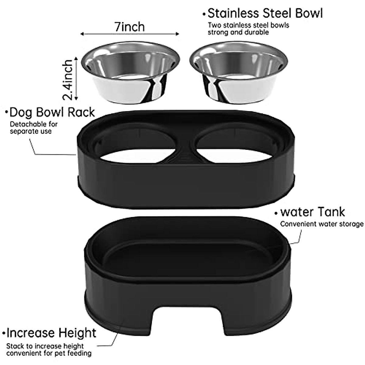 MASOCAT Raised Dog Bowls,Stainless Steel Dog Food Dish and Pet Water Bowls,Elevated Height Adjustable Double Bowl with Stand for Small Medium Dogs and Cats (Black)