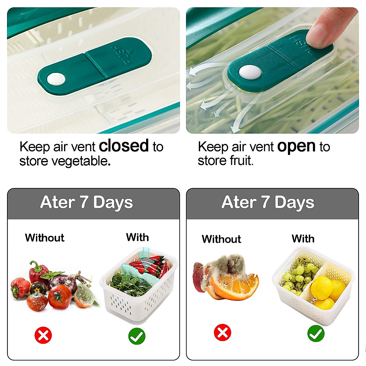 Upgraded Fresh Produce Vegetable Fruit Storage Containers,Fruit Containers for Fridge with Lid Vent Handle and Colander,Keep Berry Fruit Vegetable Food Meat Fresh Longer (3)