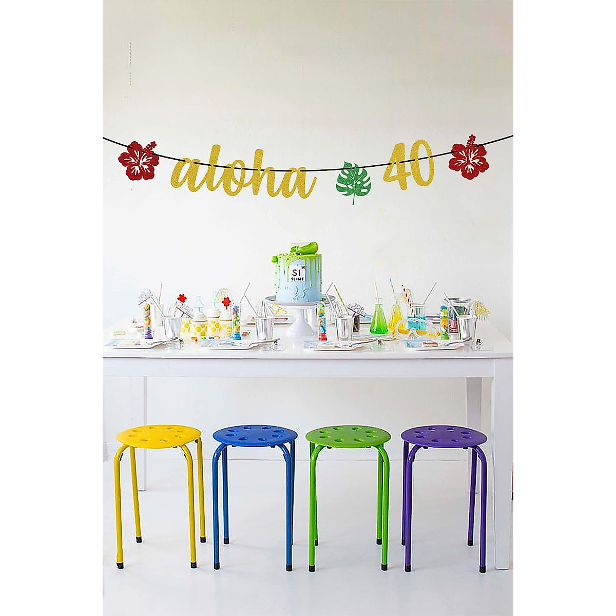 Aloha 40 Banner, Tropic Hawaiian 40th Birthday Decorations, Aloha Party Decoration, Luau Party Supplies, Tropical Theme Summer Beach Pool Party Decorations, Luau 40th Birthday Party Supply Gold Green Red Glitter