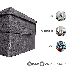 Bigso Soft Foldable Polyester Storage Box with Lid | Fabric Storage Bin with Lid and Handles for Closets and Rooms | Collapsible Storage Box for Clothes and More | 13.4″ x 17.7″ x 9.8” | Large | Grey