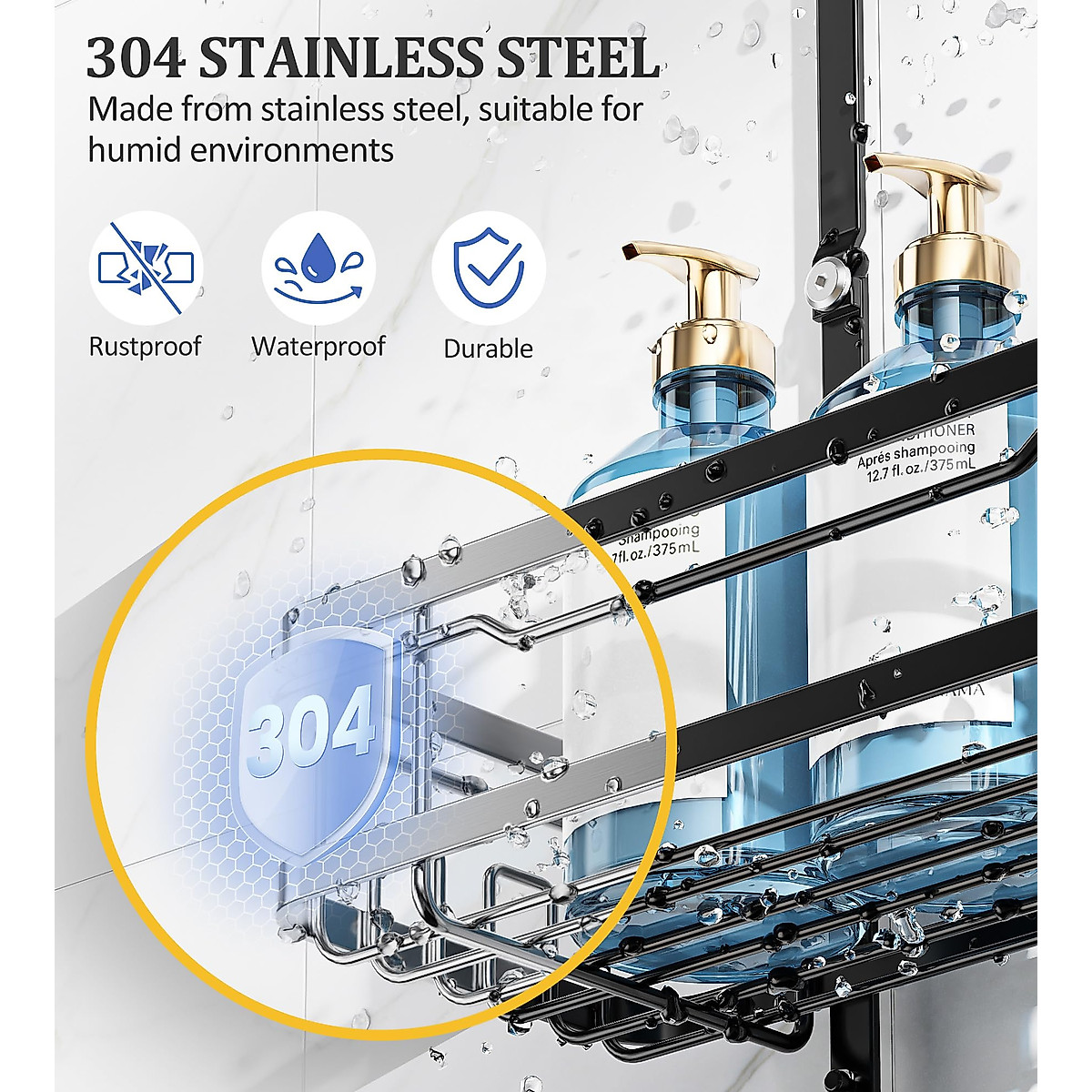 5-Pack Stainless Steel Shower Caddy Hanging Shower Organizer, No Drilling Rust-free Adjustable Non-Slip Non-Shake Bathroom Caddy Organizer storage for Inside Bath Over Shower Head Rack Holder, Black