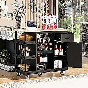 JVIBI Multipurpose Kitchen Cart Cabinet with Side Storage Shelves,Rubber Wood Top, Adjustable Storage Shelves, 5 Wheels, Kitchen Storage Island with Wine Rack for Dining Room, Home,Bar,Black