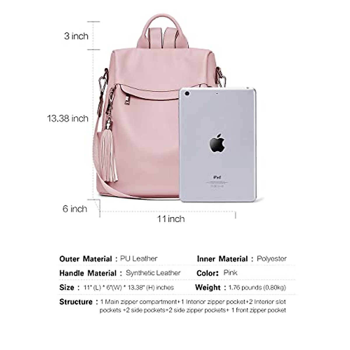 Telena Backpack Purse for Women, PU Leather Anti Theft Travel Backpack Purse Shoulder Bags with Tassel Pure Pink