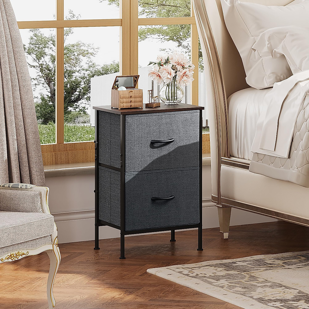 WLIVE Night Stand Set 2, Dresser and Nightstand Sets, Small Dresser for Bedroom with 2 Drawers, End Table with Fabric Bins for Closet, Bedside Furniture, College Dorm, Dark Grey