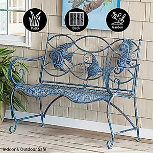 Cape Craftsmen Evergreen Weatherproof Blue Fish Coastal Outdoor Bench | Holds Up to 440 lbs | Furniture for Lawn Garden Patio Porch Park Deck | Coastal Nautical Beach Décor | Steel | Blue