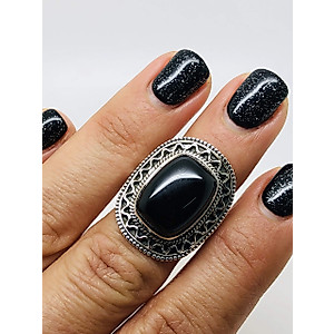 Black Onyx Vintage Gipsy Ring 925 Sterling Silver Boho Chic US Size 7 8 9 (9)